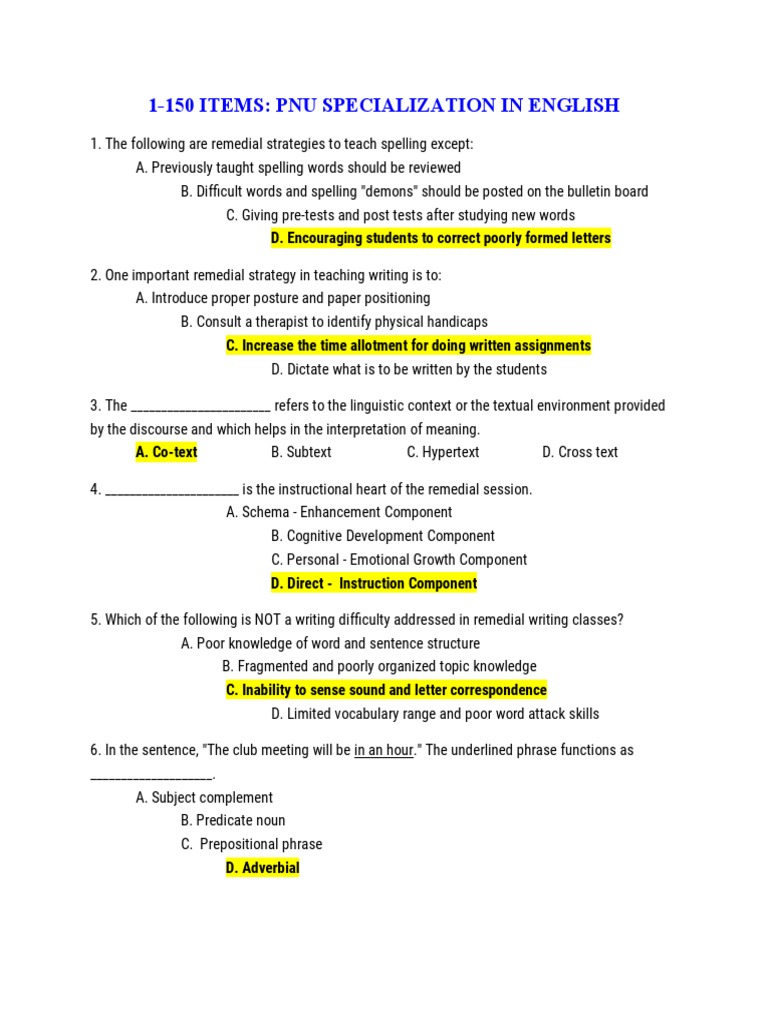 1-150 ITEMS: PNU SPECIALIZATION IN ENGLISH For LET | Download Free PDF | Reading Comprehension ...