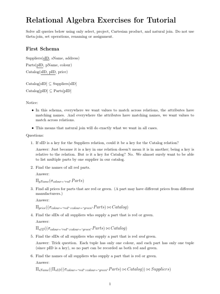 Relational Algebra - Tutorial Problems | PDF | Mathematics | Mathematical Logic