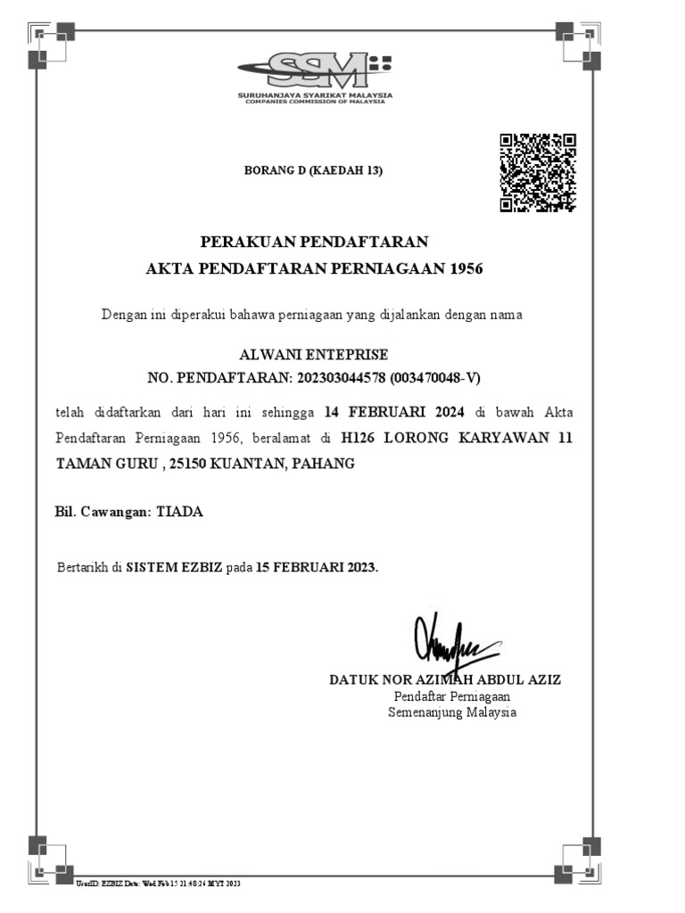 Alwani BT Rahim Sijil SSM PDF | PDF