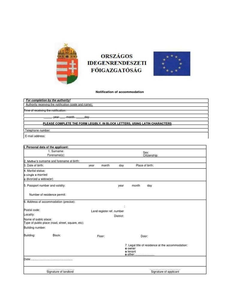Formanyomtatvány Szálláshely Bejelentéséhez Angol Nyelven PDF | PDF ...