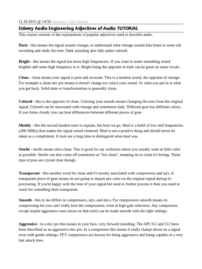 Audio Adjectives For Sound Engineers | PDF | Recording | Sound Recording