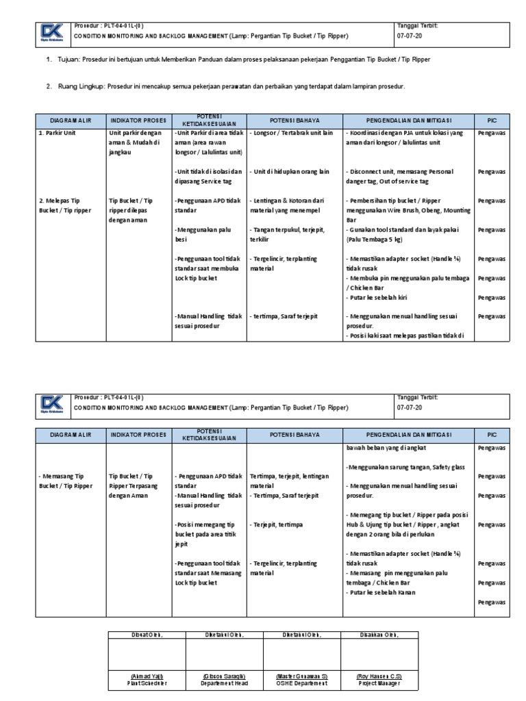 Simplify SOP PLT-04-01L - (0) - Penggantian Teeth Bucket Atau Tips Ripper | PDF