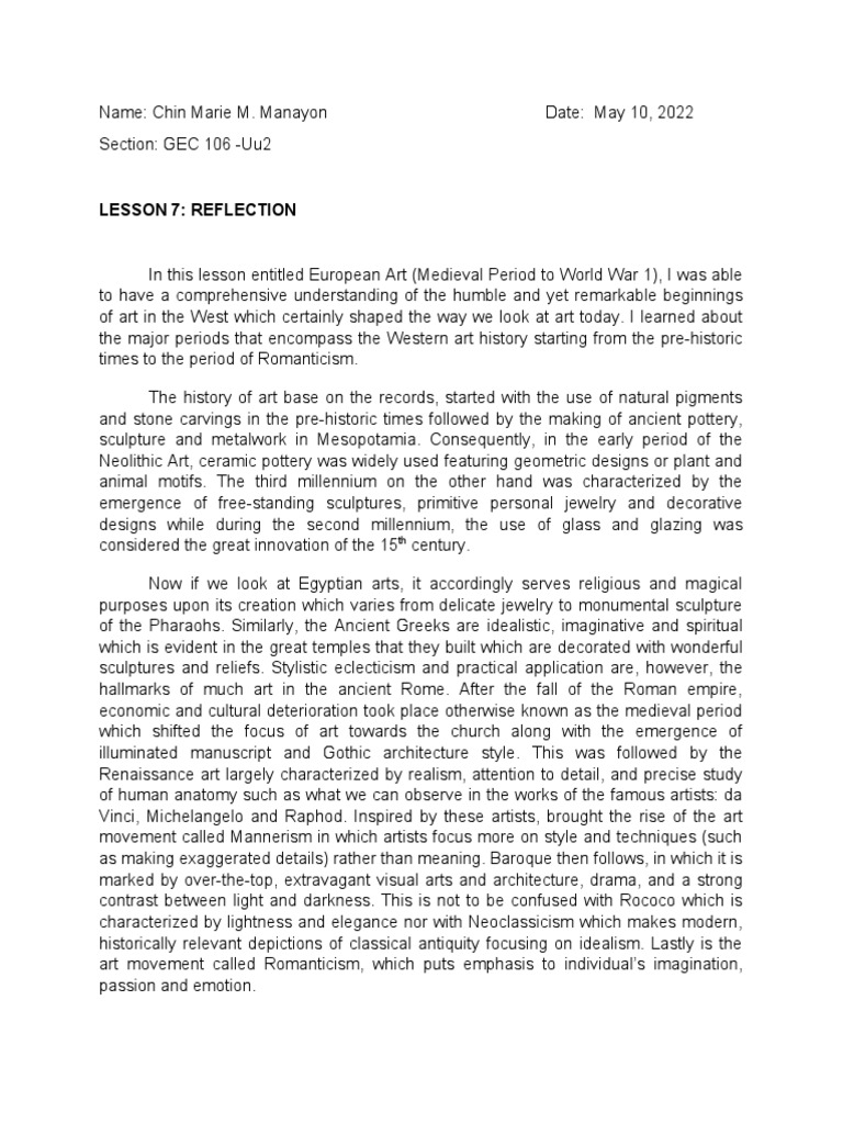 Manayon, C. - Lesson 7 - Reflection | PDF | Sculpture | Aesthetics