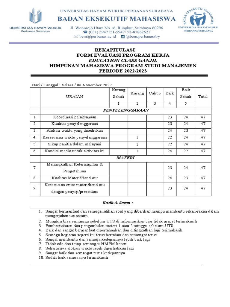 Form Rekapitulasi Evaluasi Education Class Uts Ganjil 2022-2023 | PDF