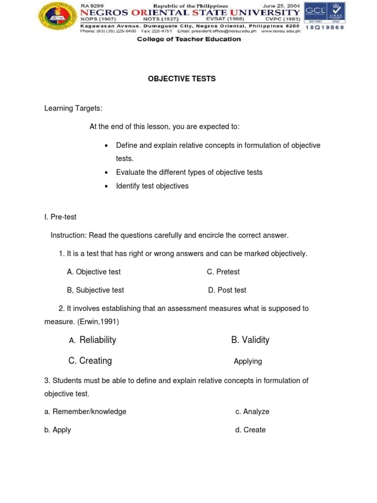 Objective Tests | PDF | Educational Assessment | Multiple Choice