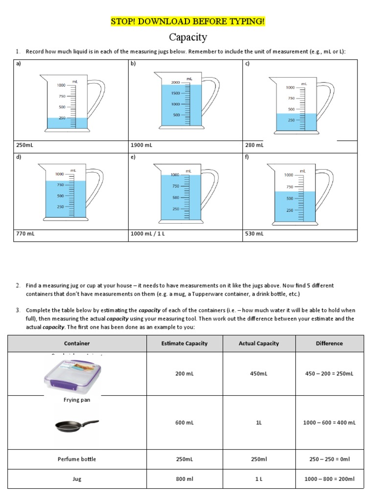Mon Maths Capacity Sheet PDF