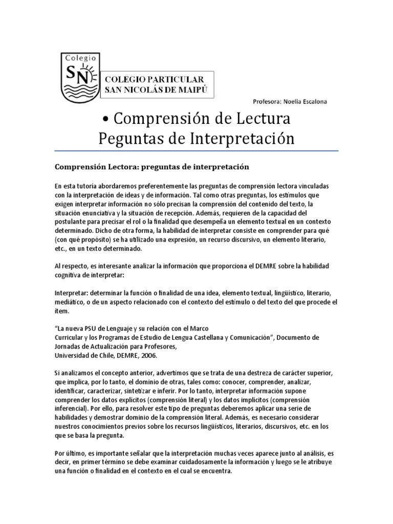 Psu Bc3a1sico 21 Comprensic3b3n de Lectura Preguntas de ...