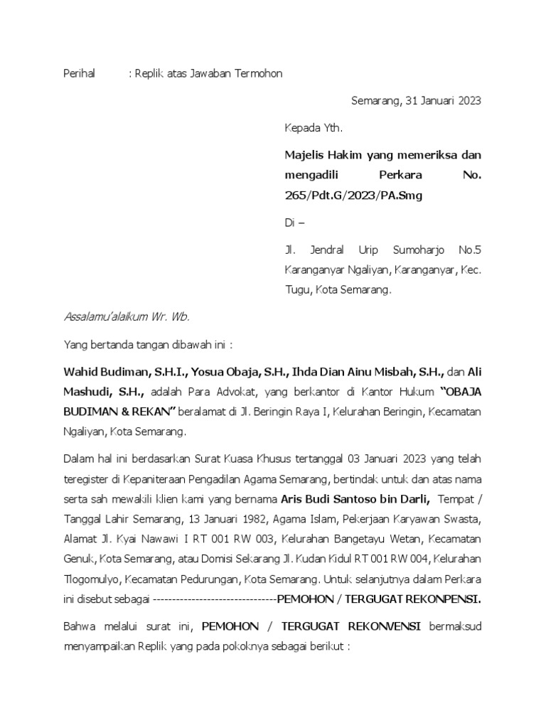 Replik Pemohon dalam Perkara Cerai Semarang | PDF