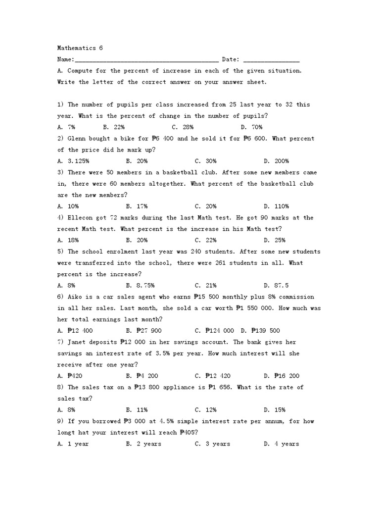 Mathematics 6 Quiz Week 6 | PDF | Interest | Interest Rates