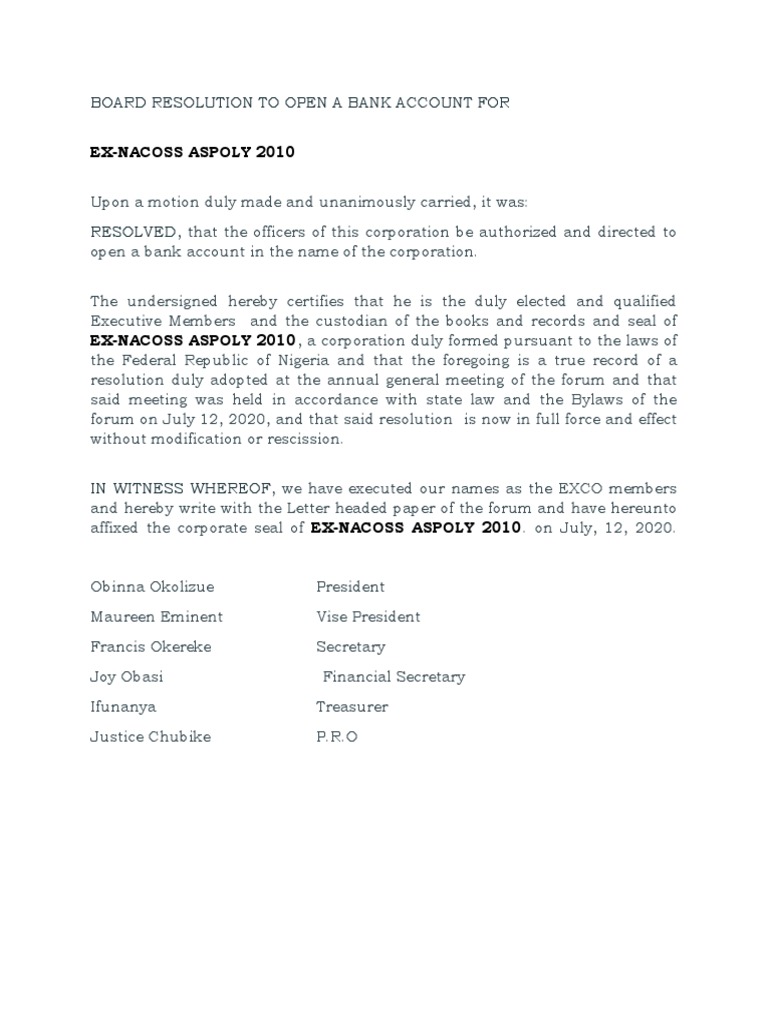 Board of Directors Resolution To Open A Bank Account For | PDF