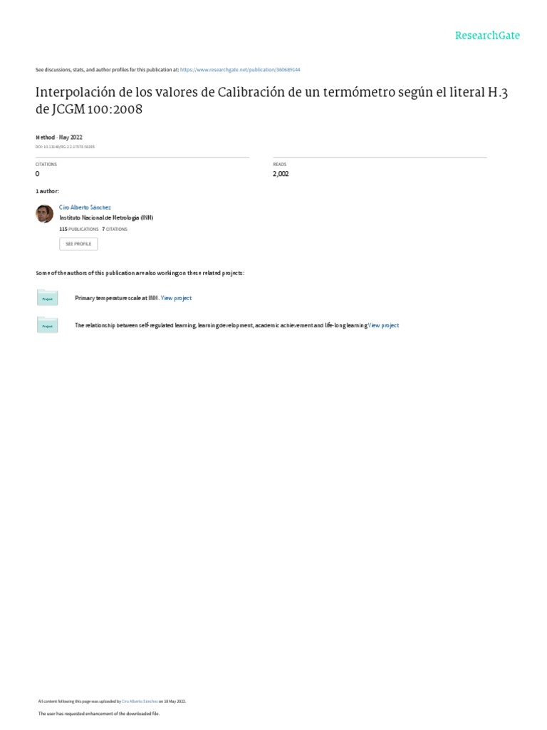 Interpolacion De Los Valores De Calibracion De Un Termometro Segun El Literal H3 De Jcgm 1002008