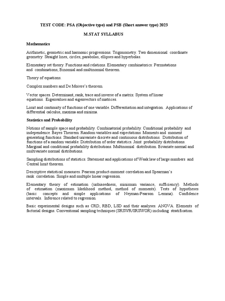 MStat-PSA PSB Syllabus 2023 | PDF | Computers