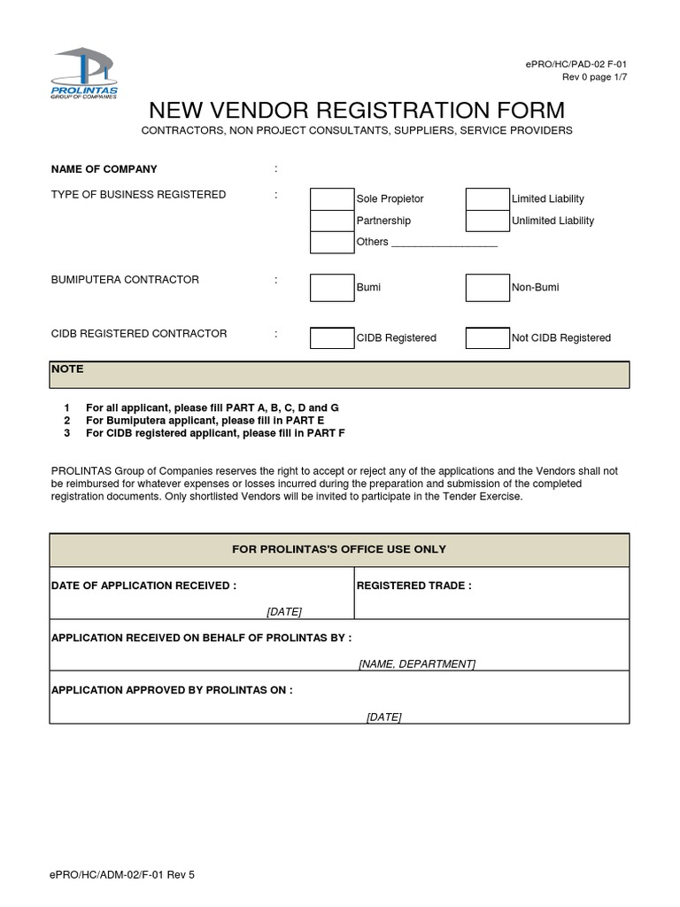 Prolintas New Vendor Registration Form | PDF | Joint Venture | Iso 9000