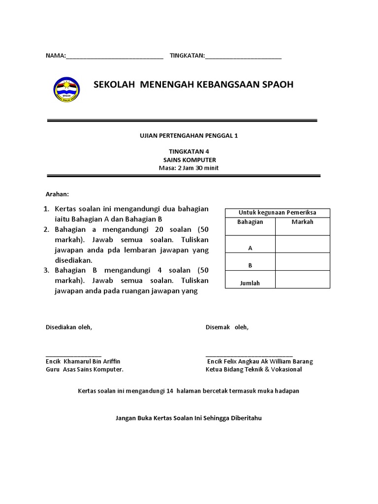 Sekolah Menengah Kebangsaan Spaoh: Ujian Pertengahan Penggal 1 ...