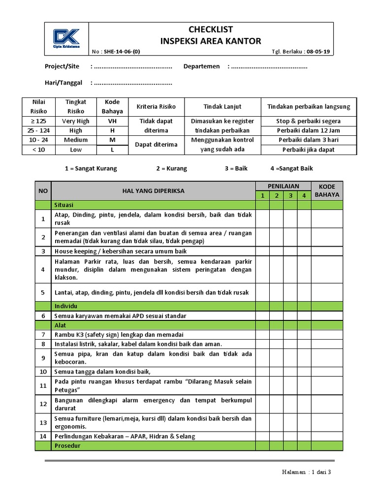 SHE-14-06 - (0) Checklist Inspeksi Area Kantor | PDF
