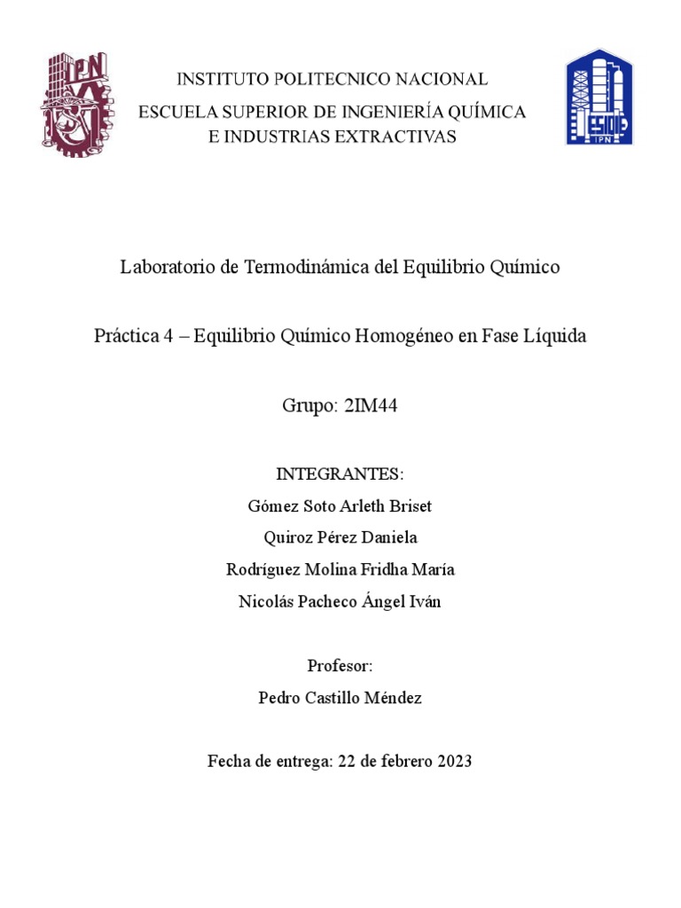 Práctica 4 - Equilibrio Químico Homogéneo en Fase Líquida | PDF ...
