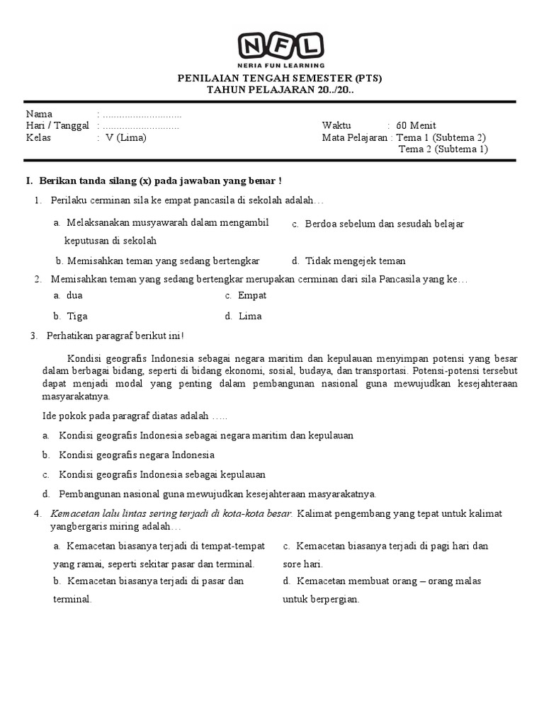 Soal Pts Kelas 5 Tema 1 Sub 3 Tema 2 Sub 1 | PDF