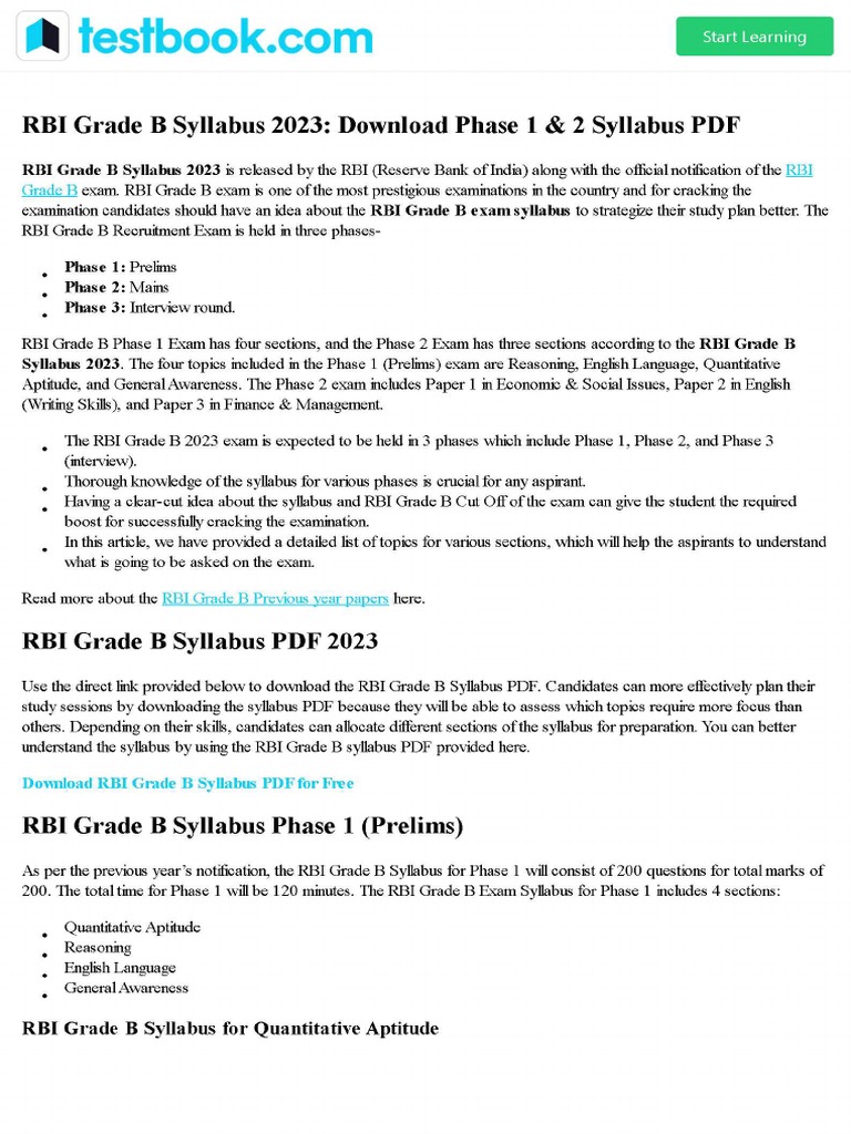 RBI Grade B Syllabus 2023 - Download Phase 1 & 2 Syllabus PDF | PDF