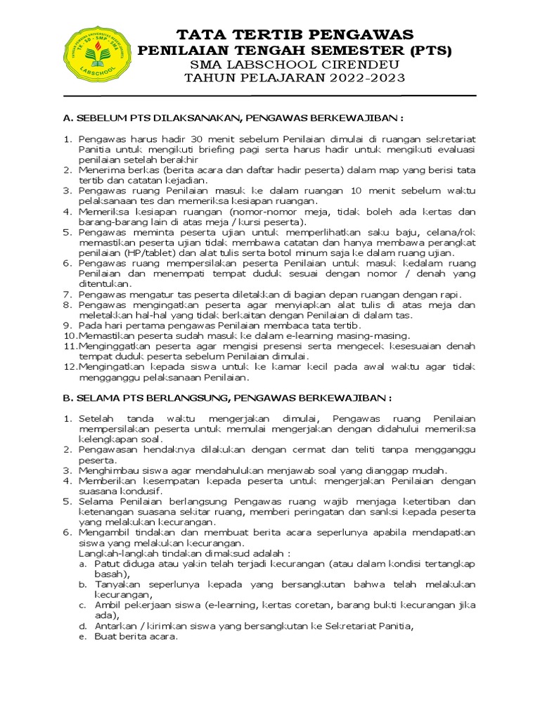 Tata Tertib Pengawas PTS SMA | PDF