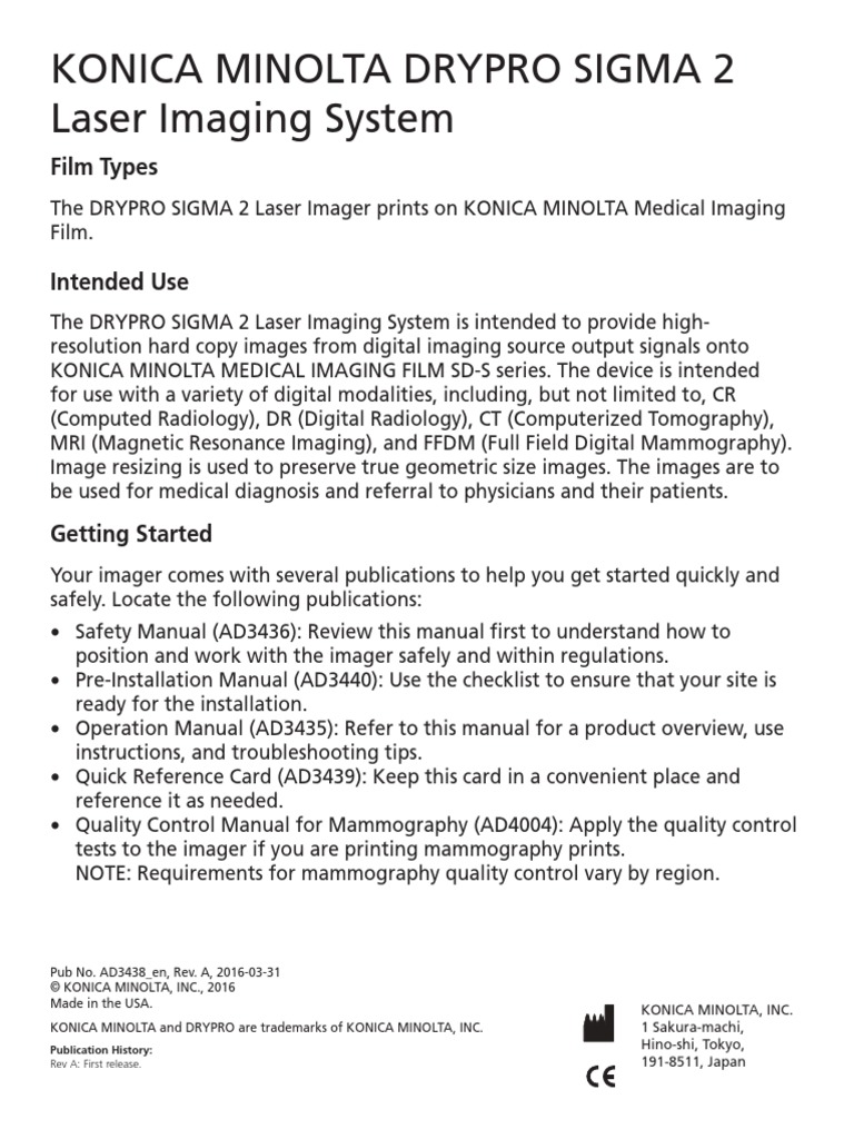 Konica Minolta Drypro Sigma 2 Laser Imaging System: Film Types ...