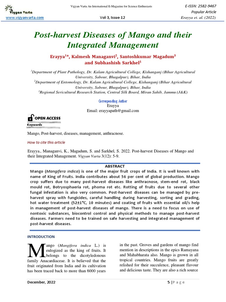 Integrated Management of Post-Harvest Diseases of Mango: A Guide to Reducing Losses Through ...