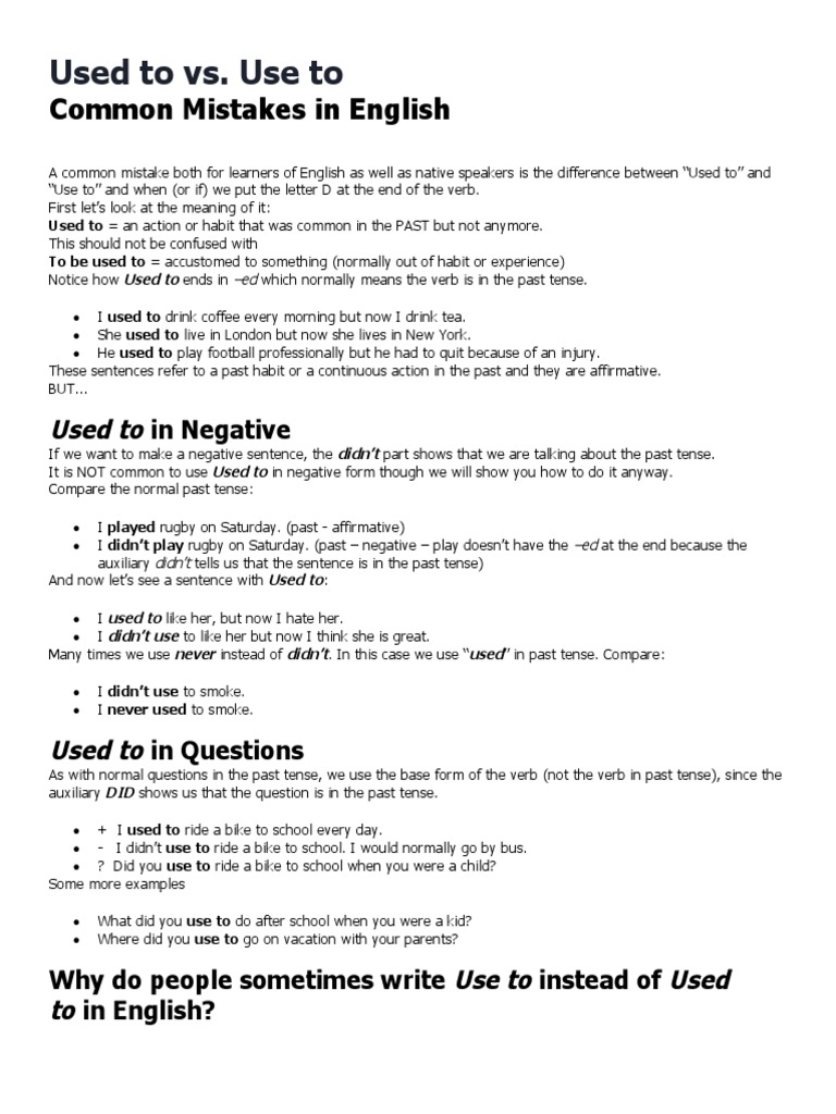 Used To vs. Use To: Common Mistakes in English | PDF | Verb | English ...