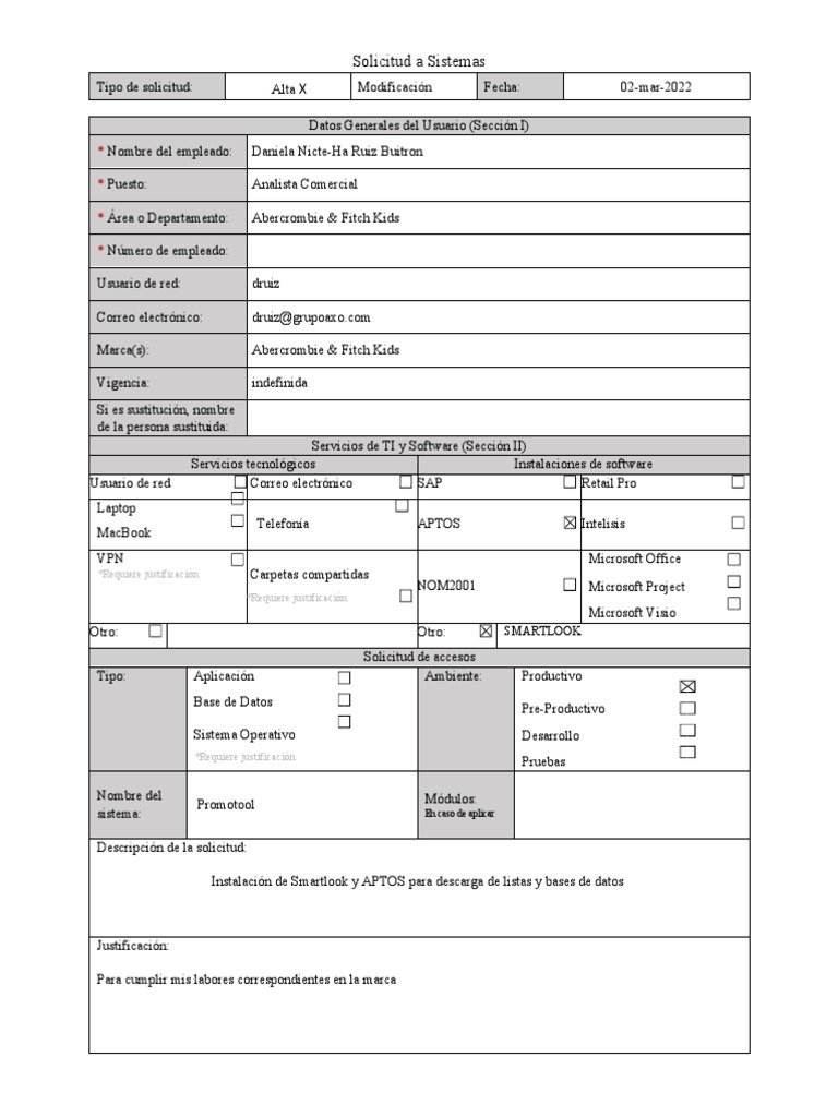 Solicitud de acceso a sistemas e instalación de software para nueva analista comercial | PDF ...