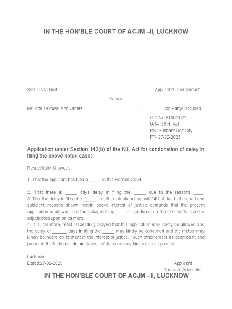 Delay Application NI Act | PDF | Affidavit | Legal Procedure