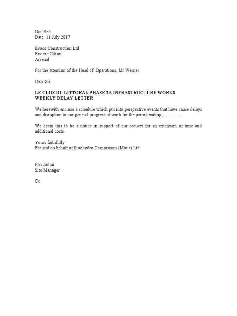 Weekly Delay Notice for Le Clos du Littoral | PDF