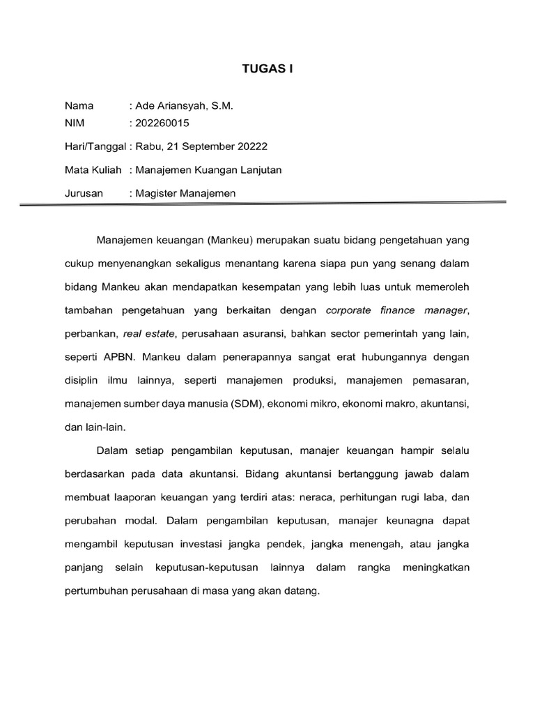Stiebp S2 - Tugas I - Ade Ariansyah - 202260015 | PDF