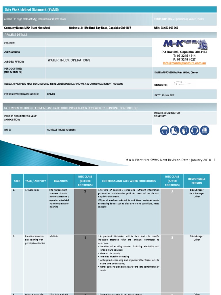 006 SWMS Water Truck PDF | Download Free PDF | Occupational Safety And ...