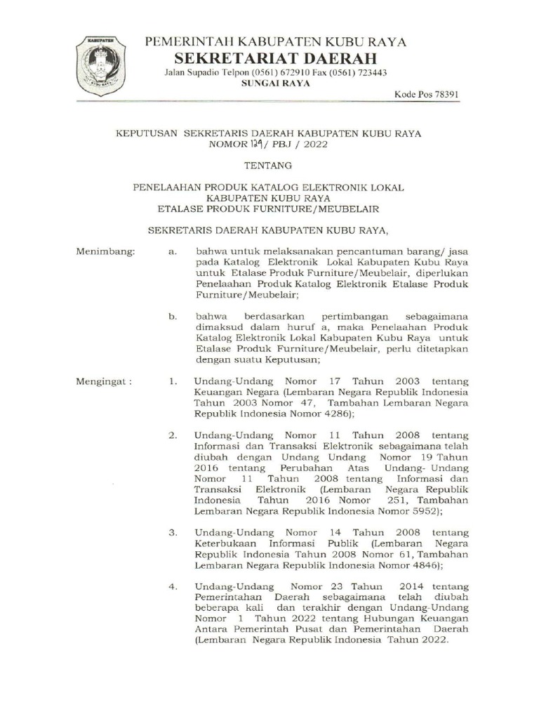 SK SEKDA ETALASE PRODUK FURNITURE ATAU MEUBELAIR - Kuburaya | PDF