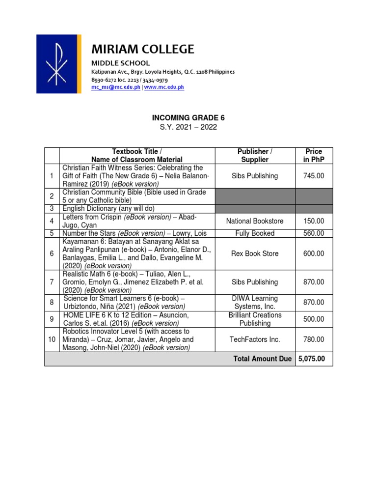 Miriam College Middle School Required Textbooks and Materials List for Incoming Grades 6-8 ...