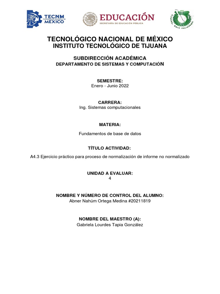 A4.3 Ejercicio Práctico para Proceso de Normalización de Informe No ...