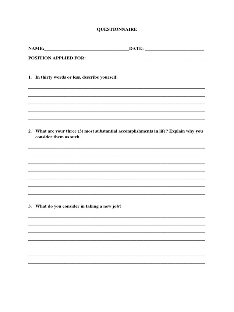 Job Application Questionnaire Template | PDF
