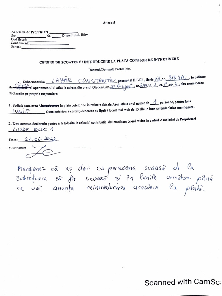 Cerere Scoatere de La Intretinere | PDF