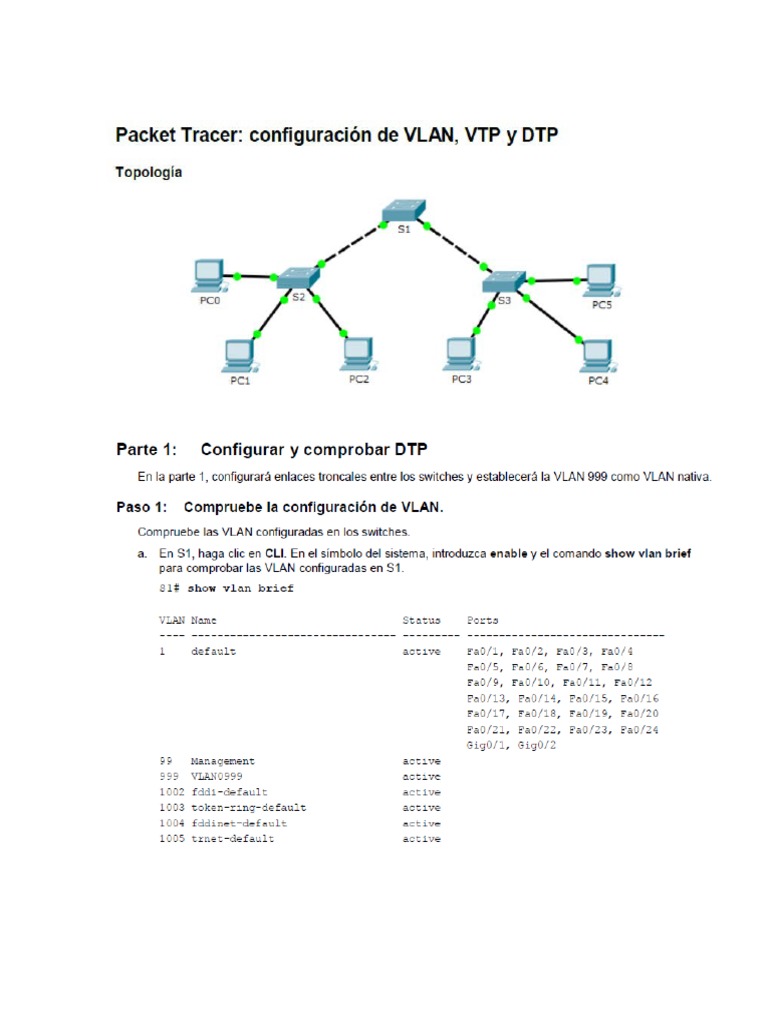 2.1.4.4 Packet Tracer - Configure VLANs, VTP, and DTP | PDF