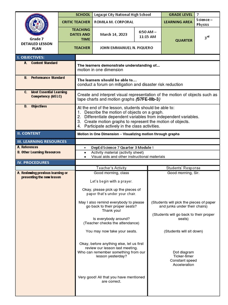 Grade 7 Motion in Graphs | PDF | Cartesian Coordinate System | Teachers
