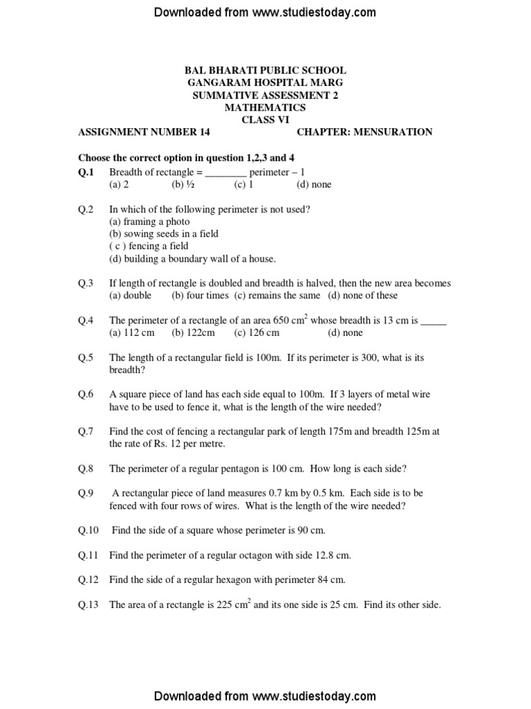 CBSE Class 6 Maths Practice Worksheets | PDF | Length | Area
