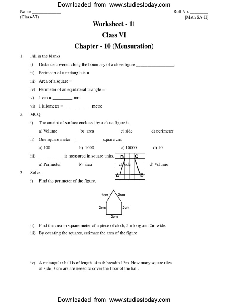 CBSE Class 6 Mensuration Worksheet | PDF | Science & Mathematics