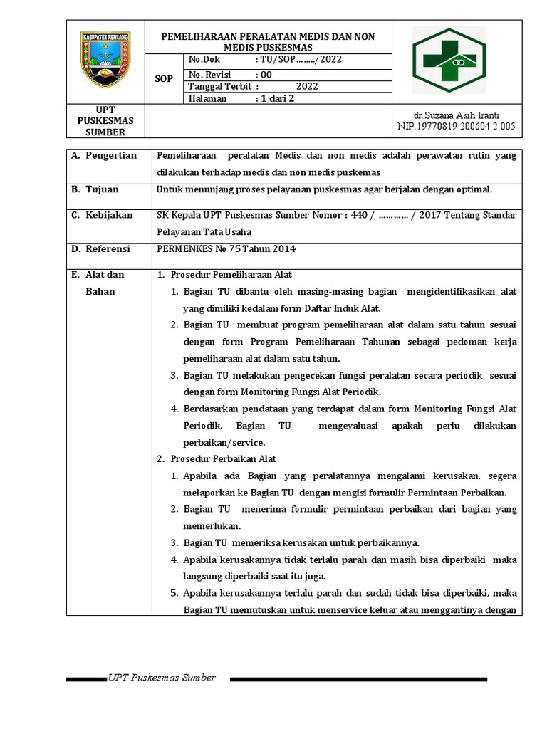 Sop Pemeliharaan Peralatan Medis Dan Non Medis | PDF