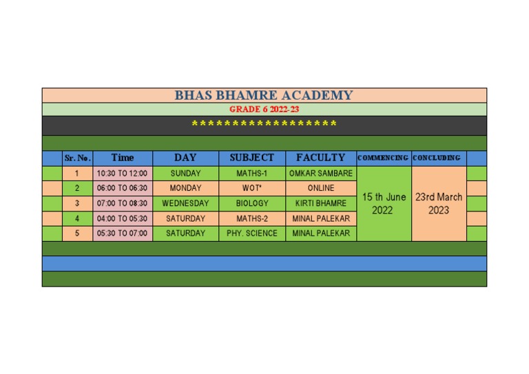 Grade 6 Timetable 2022-23 | PDF