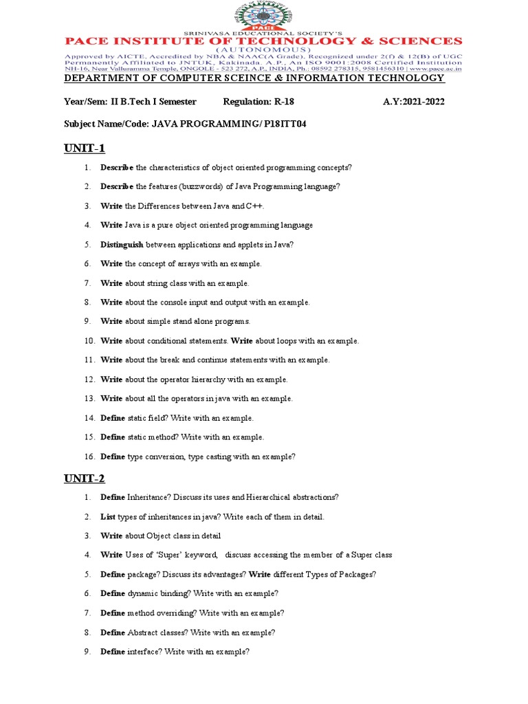 Java Programming Important Questions | PDF | Class (Computer Programming) | Java (Programming ...