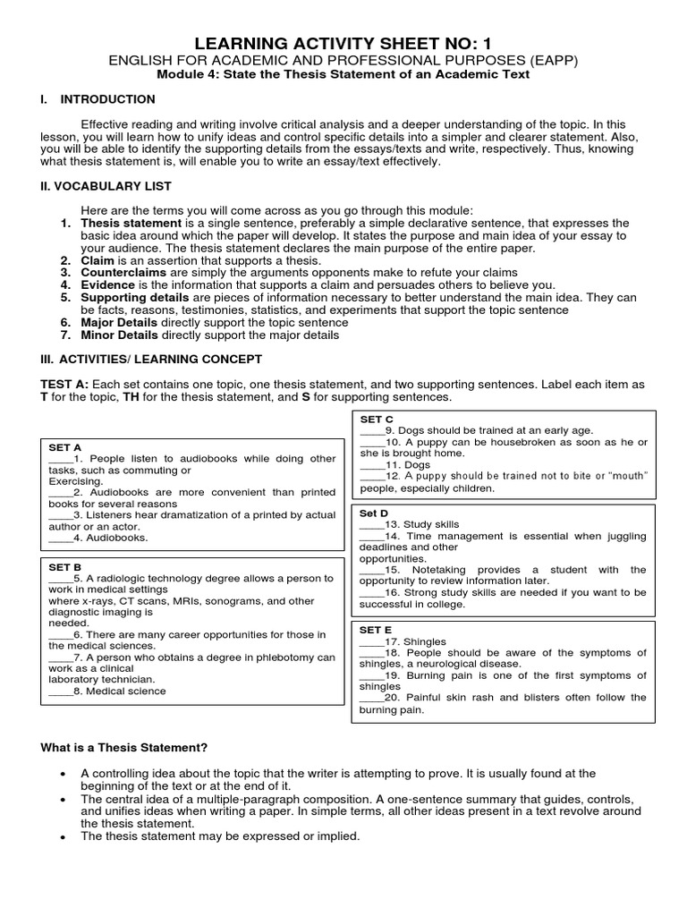 Learning Activity Sheet No: 1: English For Academic and Professional Purposes (Eapp) | PDF ...