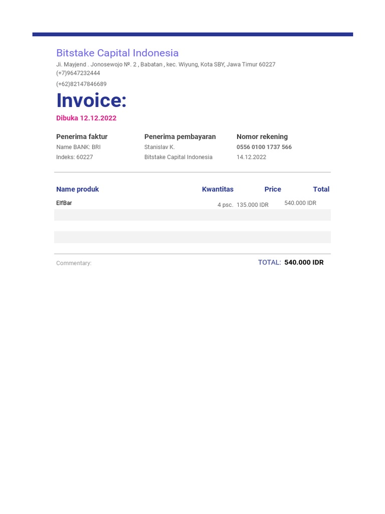 Bitstake Capital Indonesia INVOICE - Счет-5 PDF | PDF