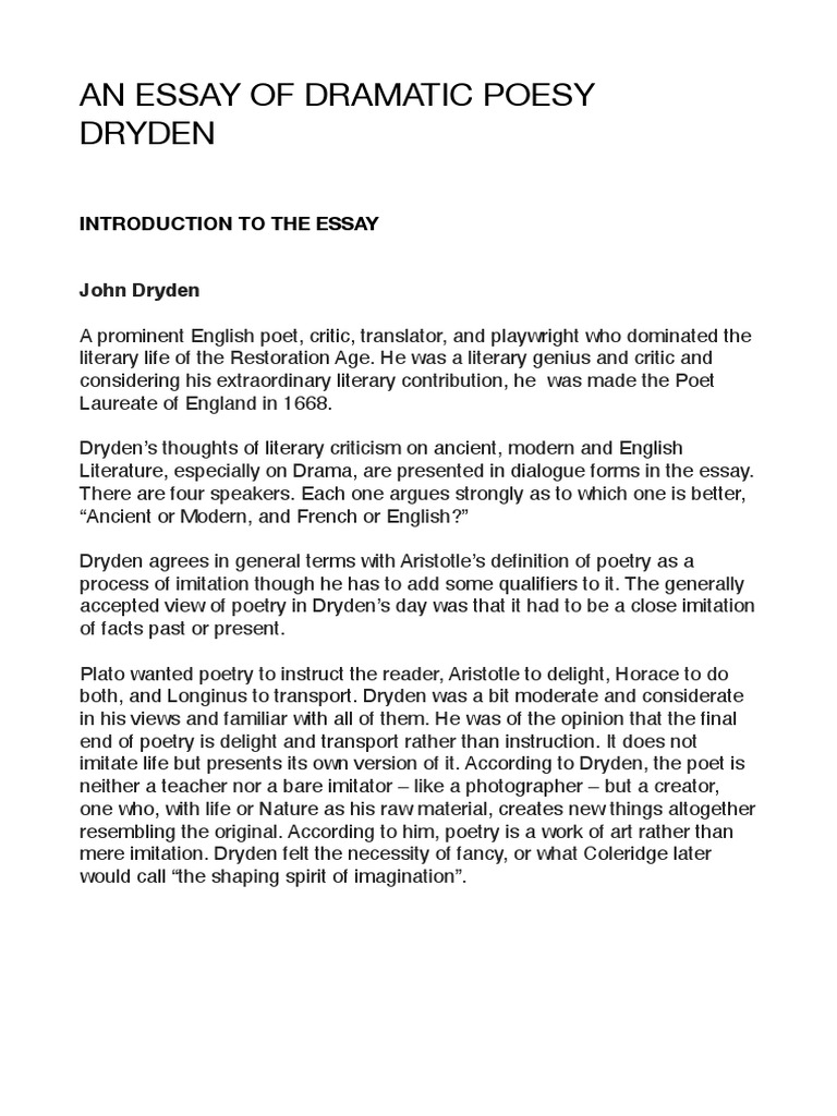 Dryden's Essay on Dramatic Poesy | PDF | John Dryden | Poetry
