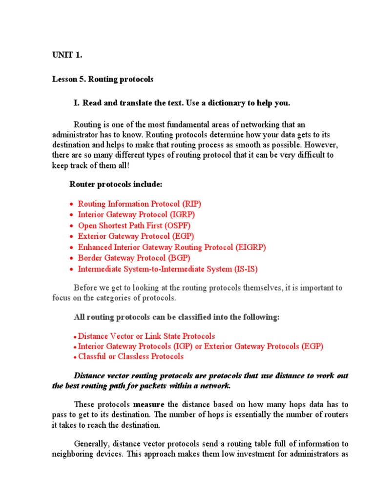 Unit 1 Lesson 5 Static Vs Dynamic Routing Protocols Pdf Routing Computer Network