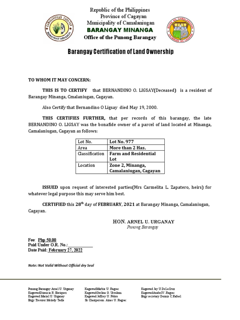 Barangay Land Ownership Certification | PDF