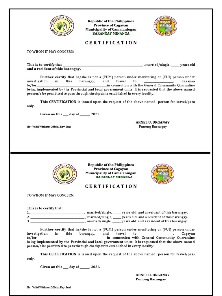 Barangay Travel Certification Sample | PDF
