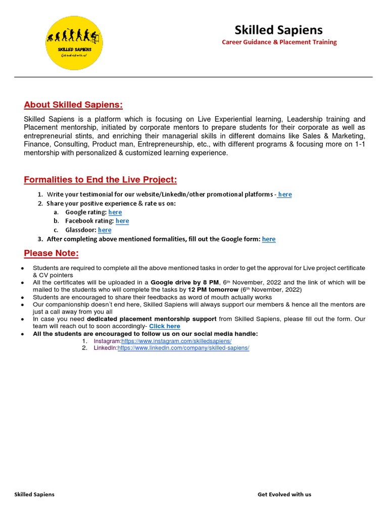 Skilled Sapiens - Live Project - Formalities | PDF